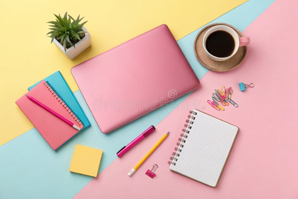 Creative Office Desktop Workspace. Pink Mock Up-generated by Ai Stock ...