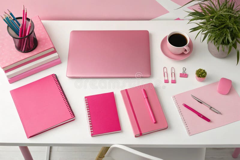 Creative Office Desktop Workspace. Pink Mock Up-generated by Ai Stock ...