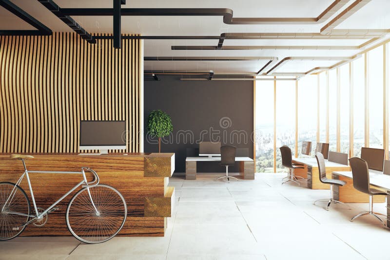 Creative Office Reception Interior with Wooden Flooring, Panoramic City ...