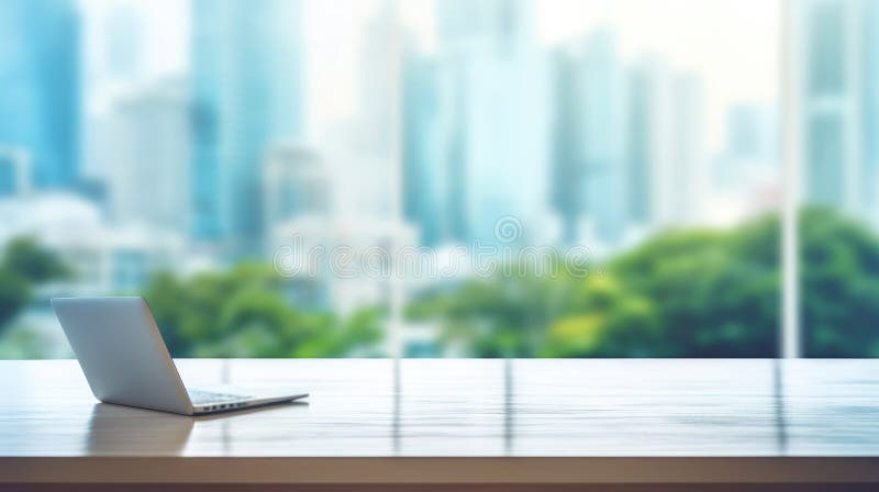 Creative Office Interior with a Laptop and City Blur, Copy Space Stock ...