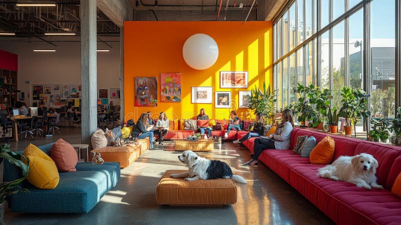 Creative Office Lounge, Dogs, Sunny Day, Teamwork Stock Image - Image of teamwork, atmosphere ...