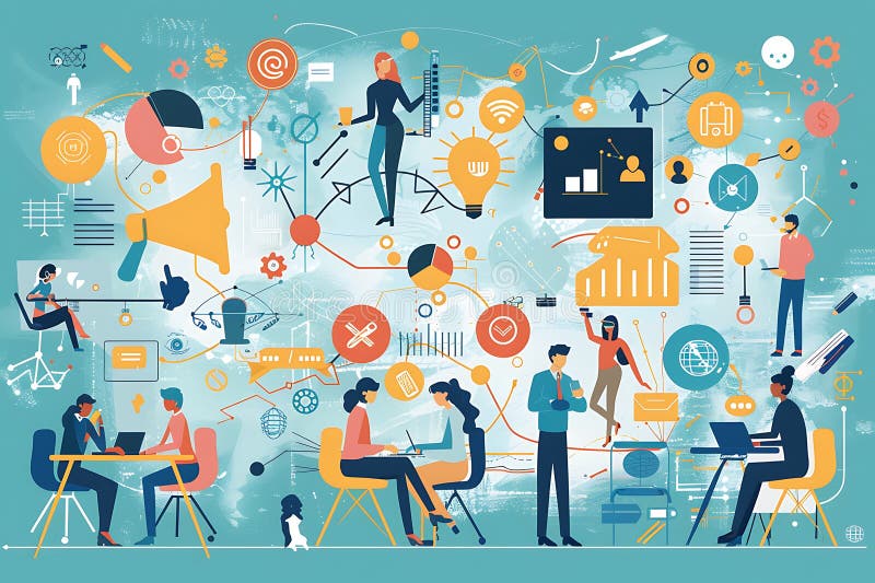 Creative Office Poster with a Team Surrounded by Elements of Innovation ...