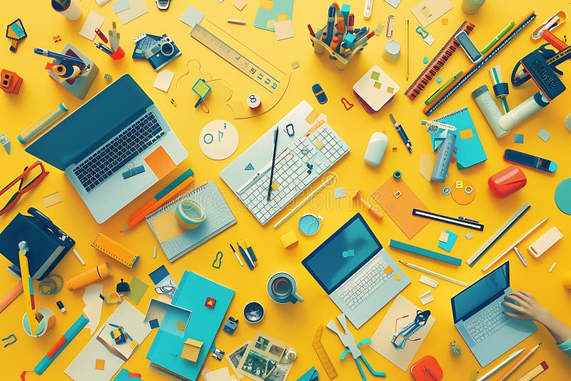 A Creative Office Poster of a Team Surrounded by Tools of Teamwork and ...