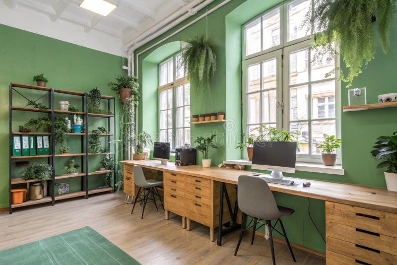 Creative Office Space with Green and Wood Themes Stock Illustration ...