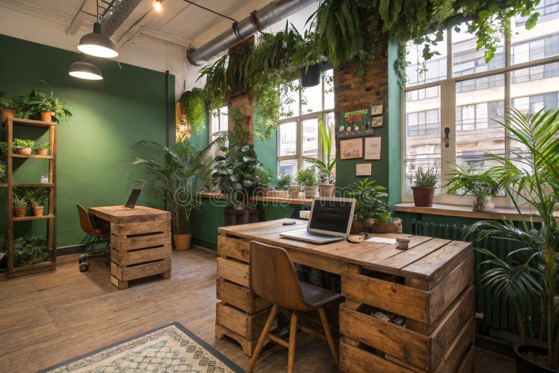 Creative Office Space with Green and Wood Themes Stock Illustration ...