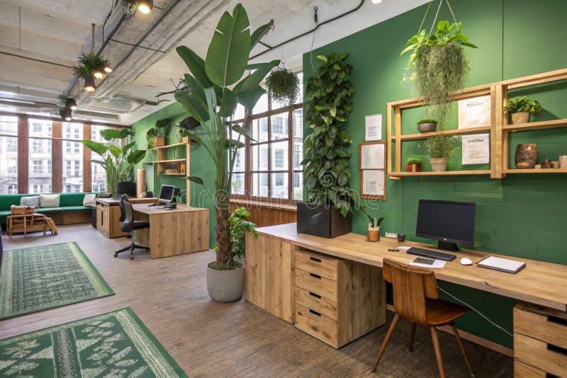 Creative Office Space with Green and Wood Themes Stock Illustration ...