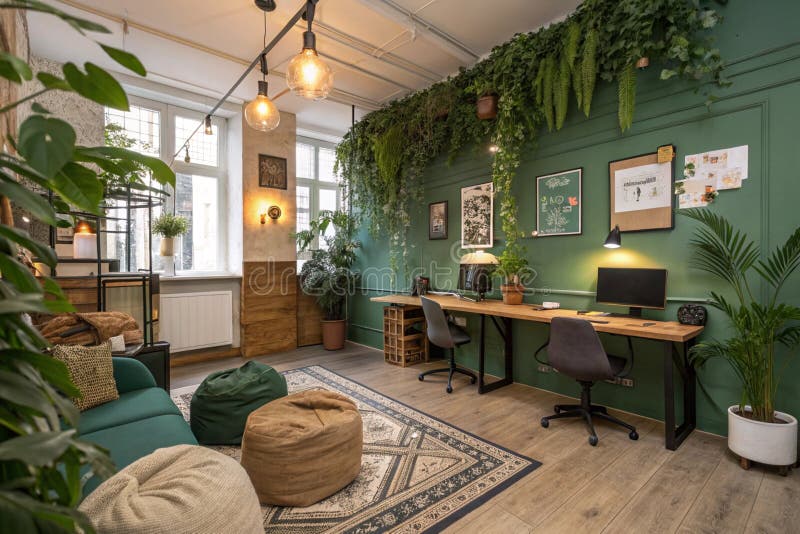 Creative Office Space with Green and Wood Themes Stock Illustration ...