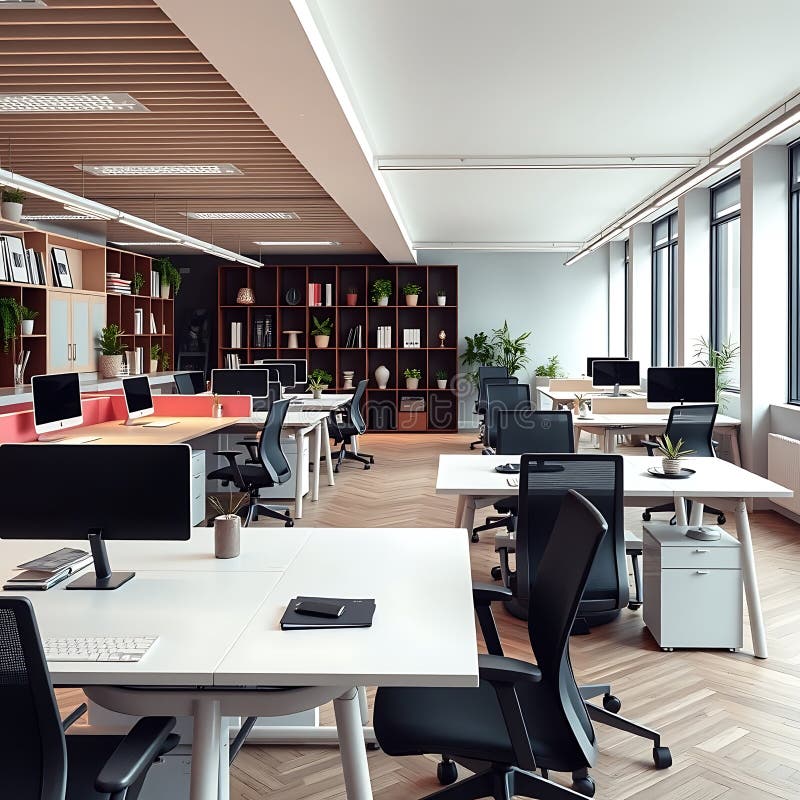 A Creative Office Space Showcasing Modular Desks and Chairs with Modern Design Elements and a ...