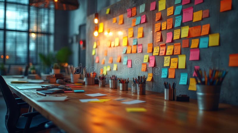 Creative Office Space with Sticky Notes and Warm Lighting - Generative ...
