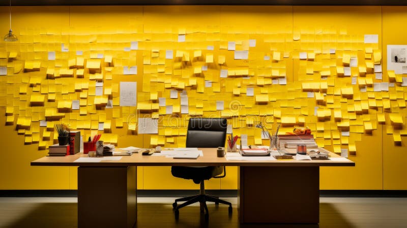 Creative Office Space with Wall Covered in Yellow Sticky Notes and Desk ...