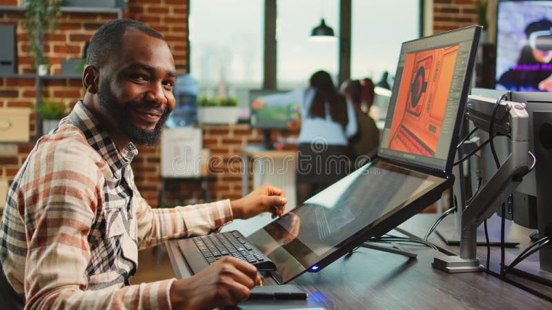 Creative Office Worker Sitting at Computer and Creating Digital Art ...