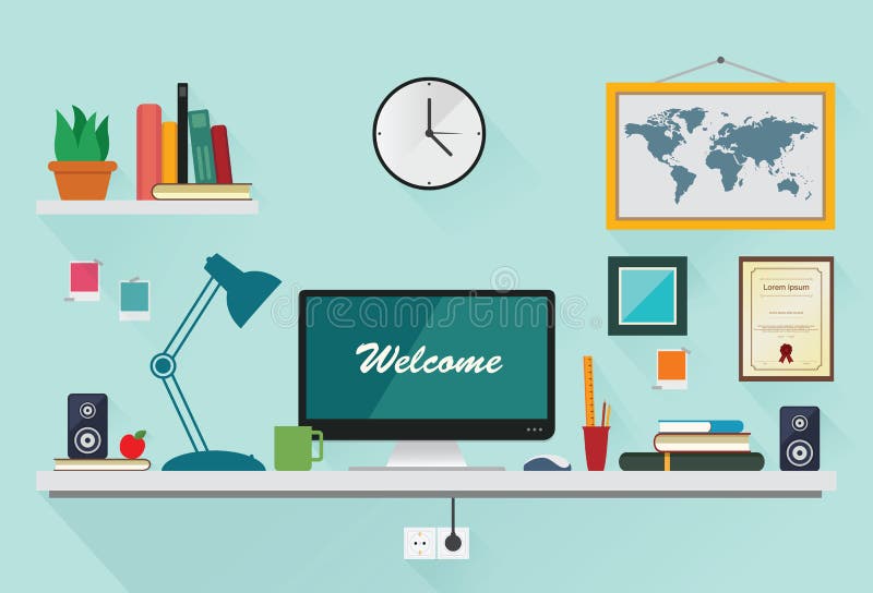 Creative Office Workspace in Flat Design Stock Vector - Illustration of ...