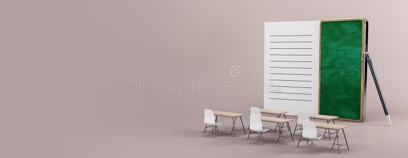Creative Online Classroom Interior with Chairs, Desks, and Abstract ...