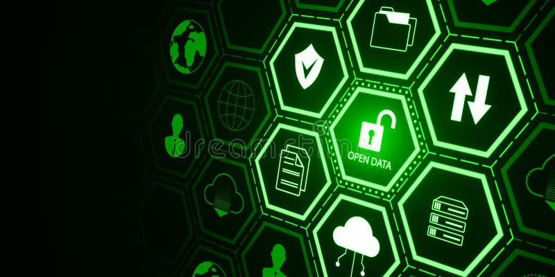 Creative Open Data Hexagonal Hologram on Wide Dark Green Background ...