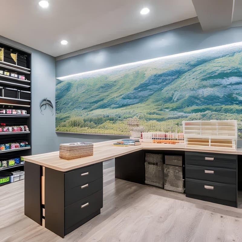 A Creative and Organized Craft Room with a Large Work Table, Plenty of ...