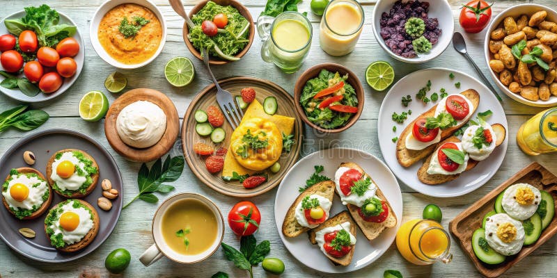 A Creative Overhead Shot of a Brunch Table with Assorted Dishes Stock ...