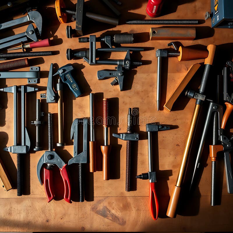 A Creative Overhead Shot of a Variety of Clamping Tools Neatly ...