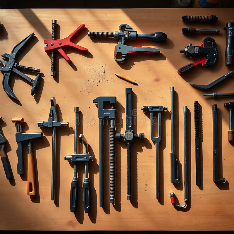A Creative Overhead Shot of a Variety of Clamping Tools Neatly ...