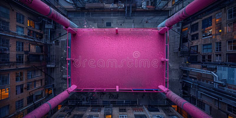 A Creative Overhead View of a Building with Vibrant Pink Pipes Twisting ...