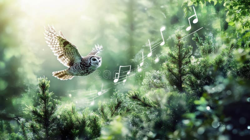 Creative Owl Soaring Above Pine Trees Shaped Like Musical Notes ...