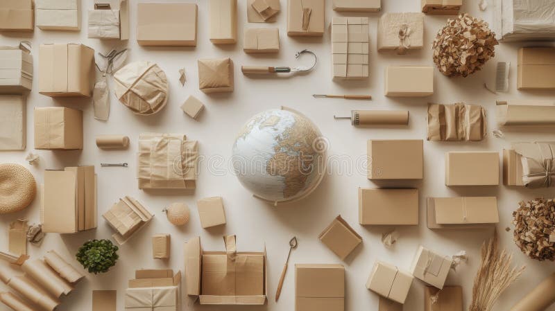 Creative Packaging Setup with a Globe Surrounded by Various Brown Boxes ...