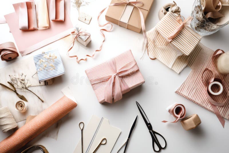 Creative Packaging Station Featuring Various Ribbons, Boxes, Scissors ...