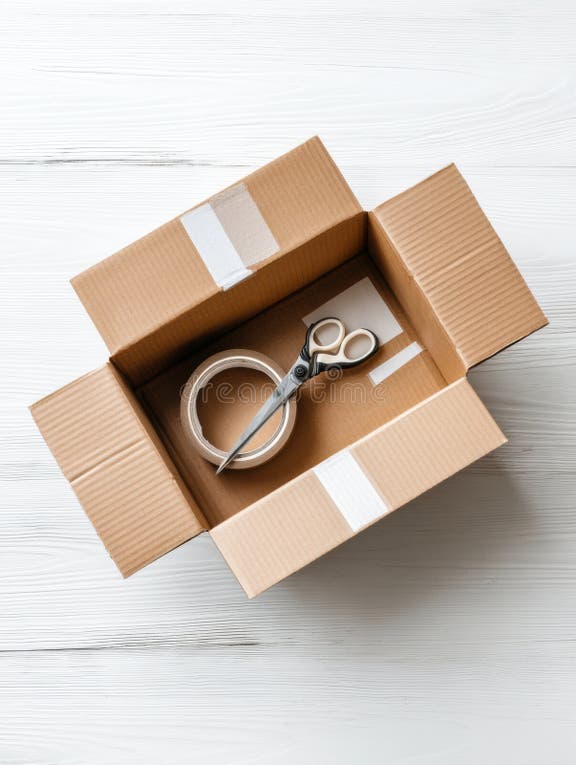 Creative Packing Workspace with Minimalistic Kraft Box, Tape, and ...