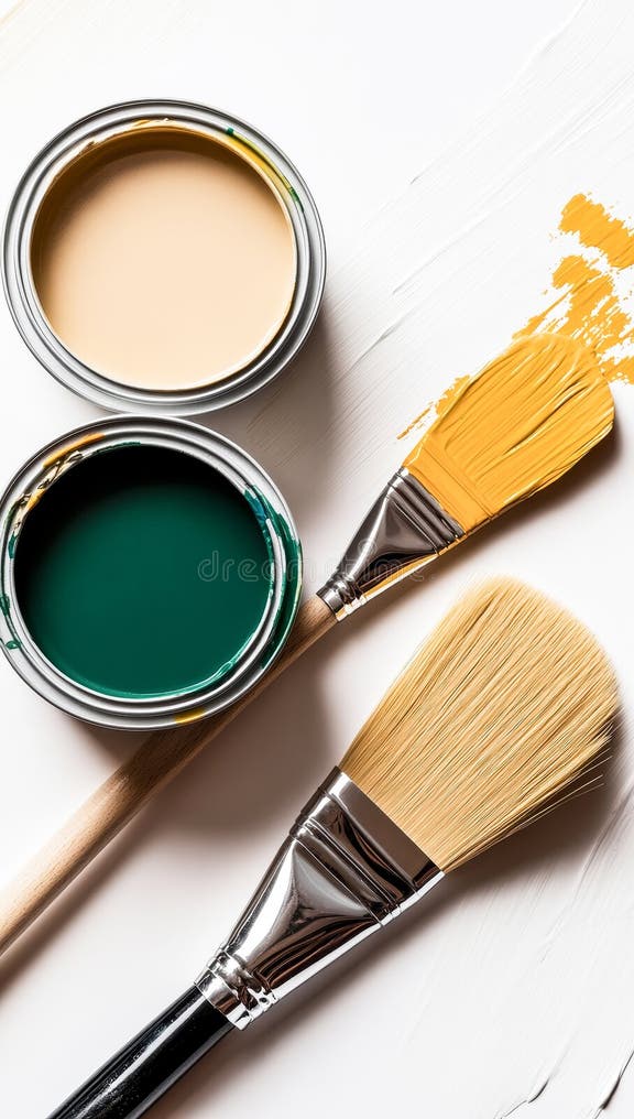 Creative Paintbrushes with Open Cans on White Background Stock ...