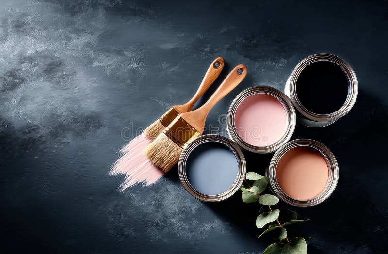 Creative Painting Setup with Brushes and Paint Cans on Dark Textured ...