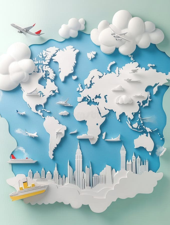 Exploration of Paper Art World Map Featuring Famous Landmarks, Planes ...