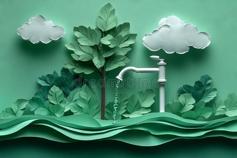 A Creative Paper Art Representation of a Faucet Surrounded by Lush ...
