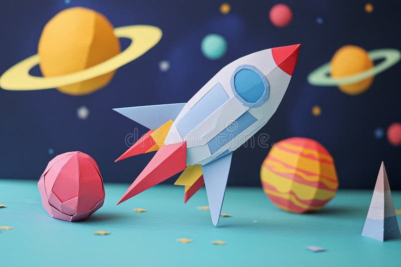 Paper Craft Scene of a Rocket Ship in Space with Planets Stock Image ...