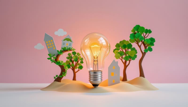 Creative Paper Craft Light Bulb Surrounded by Trees and Houses ...