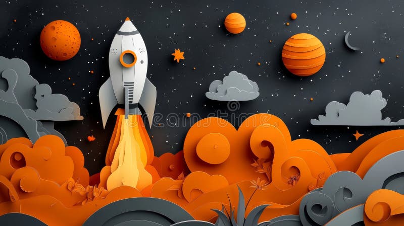 Creative Paper Cut Craft of Rocket Ship Launching in Outer Space with ...