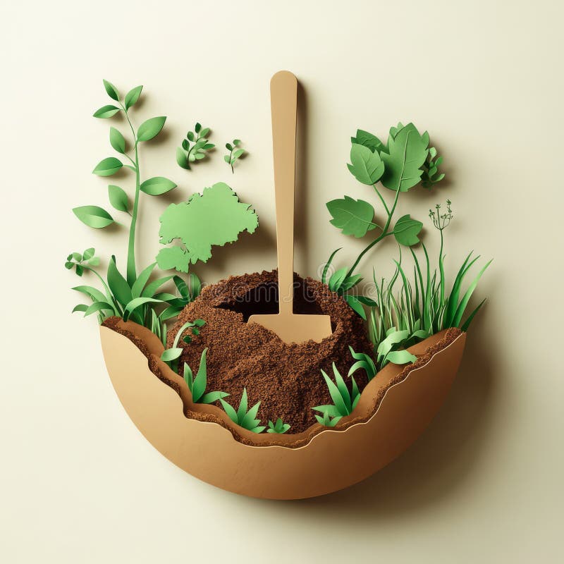 Creative Paper Cut Style Image Depicting Soil with Shovel Surrounded by ...