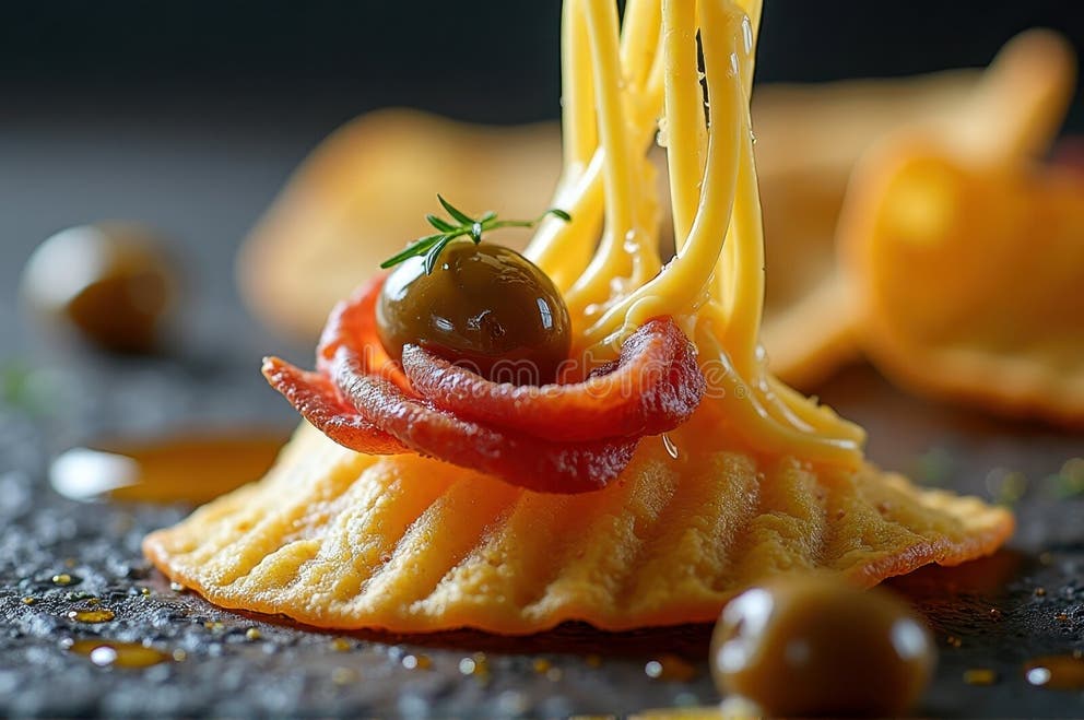 Creative Pasta Presentation with Olives and Bacon Garnish Stock Photo ...