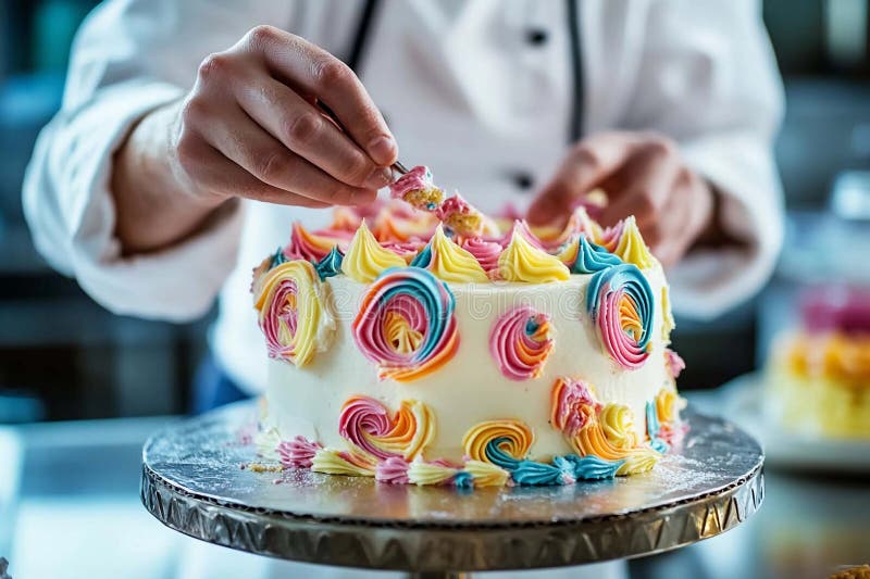 Creative Pastry Chef Decorating a Beautifully Colored Cake with Vibrant ...