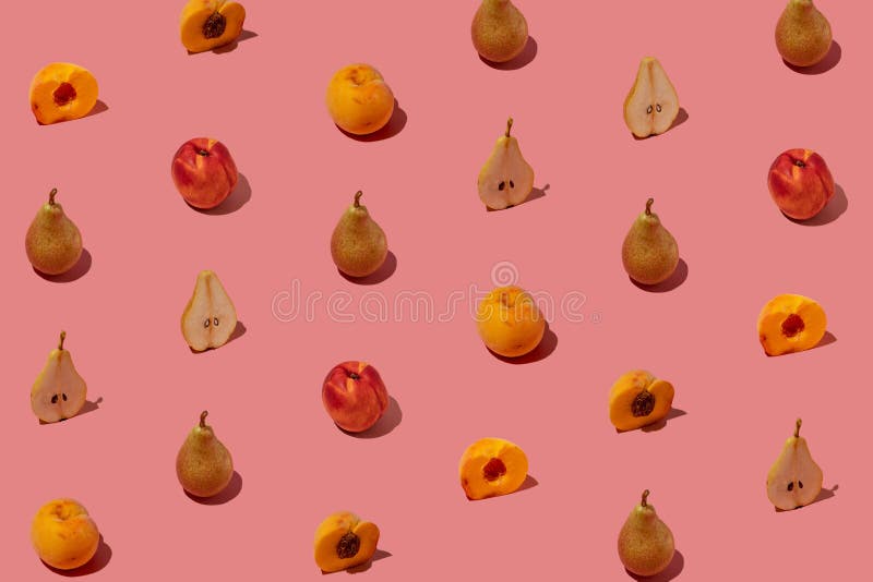 Creative Pattern Made with Fresh Pears and Peaches on Pastel Pink ...