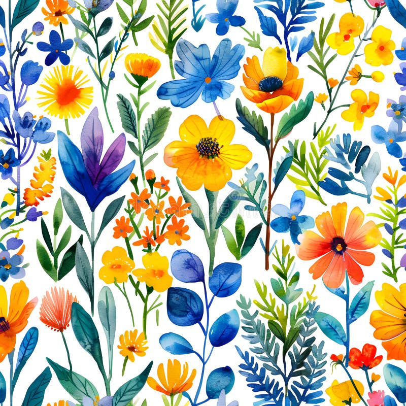 A Creative Pattern of Watercolor Flowers and Leaves on a White ...