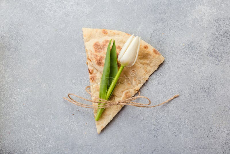 Creative Peace of Pizza with Flowers Tulips on Grey Stock Image - Image ...