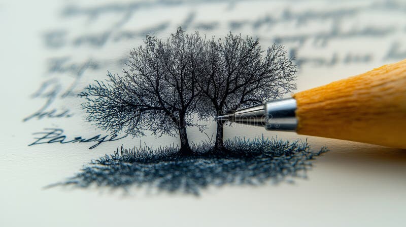 Creative Pencil Drawing of Trees on Paper with Handwritten Notes Stock ...