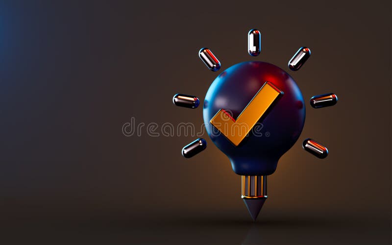 Creative Pencil Icon with Attached Lightbulb Check Mark on Dark ...