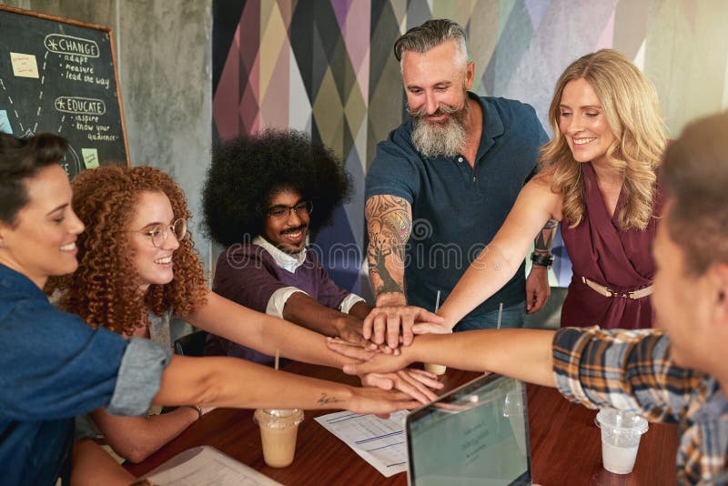 Creative, People and Meeting with Hand Stack in Cafe for Project ...