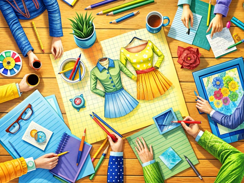 Creative People Sit at the Table and Design Clothes Stock Illustration ...
