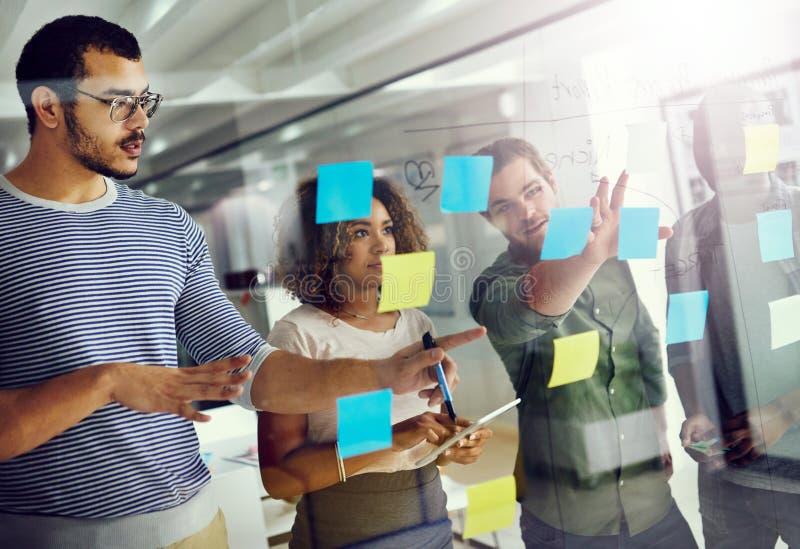 Creative, People and Sticky Notes on Glass for Strategy, Timeline and ...