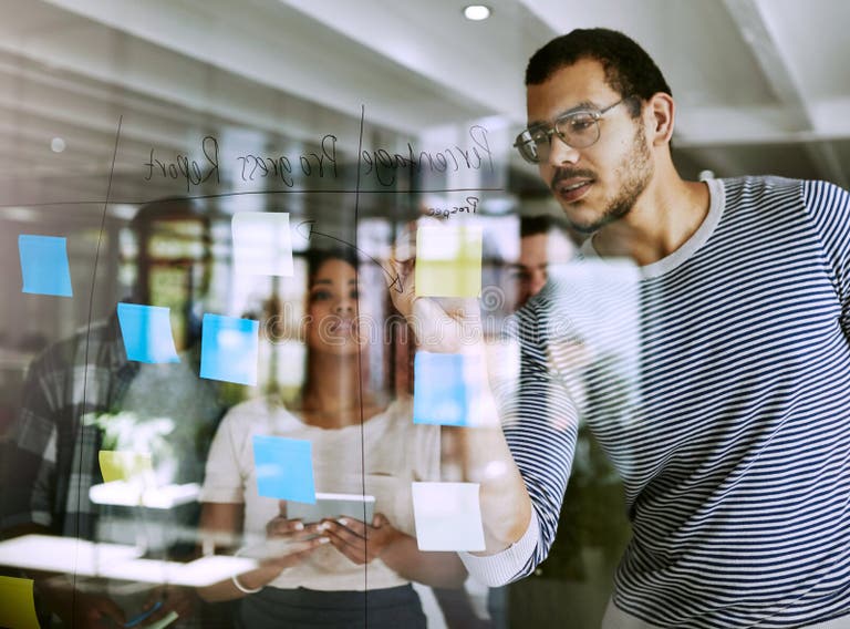 Creative, People and Sticky Notes on Glass for Workflow, Timeline and ...