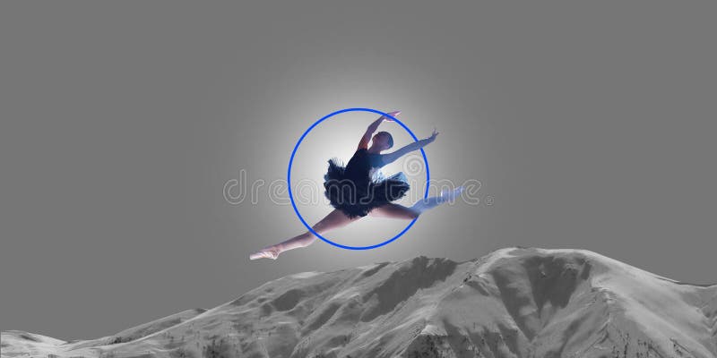 Creative Performance. Ballerina Dancing Over Monochrome Mountains ...
