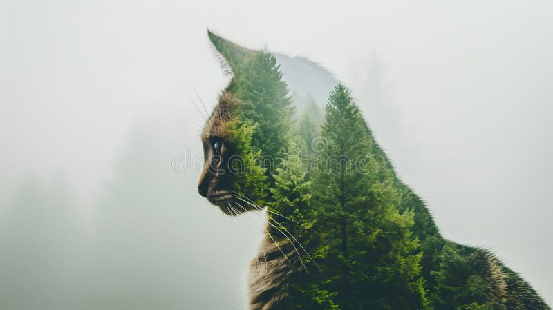 Creative Photo with Double Exposure. Silhouette of a Cat Against a ...