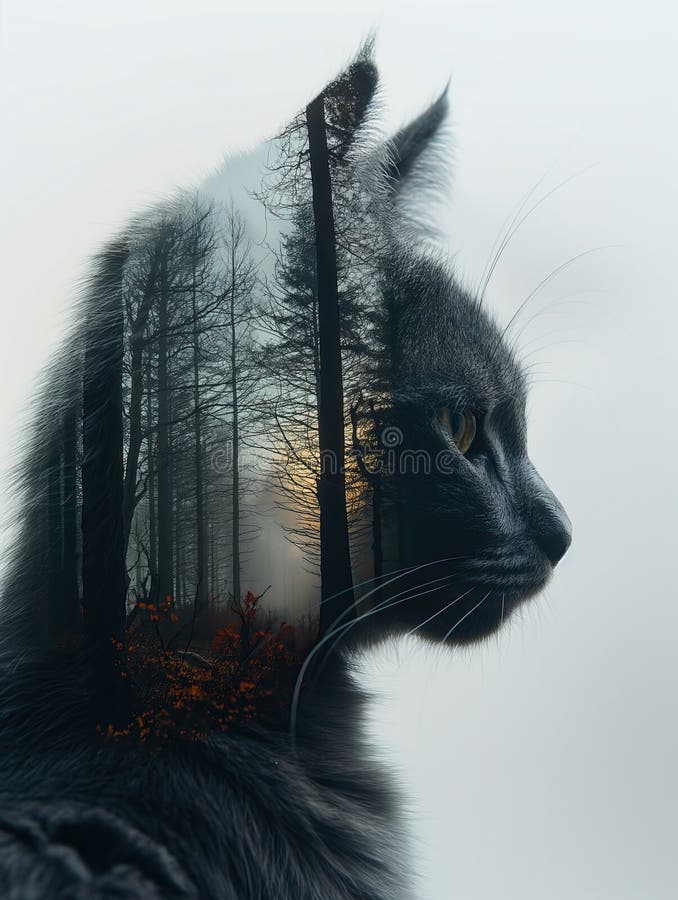 Creative Photo with Double Exposure. Silhouette of a Cat Against a ...