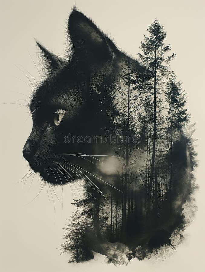 Creative Photo with Double Exposure. Silhouette of a Cat Against a ...